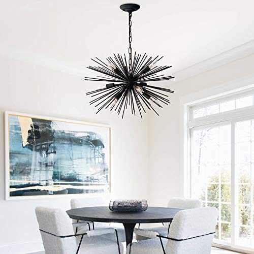 GOMUNIN Astra Sputnik Satellite Pendant Light 9-Light Black Chandelier Mid Century Starburst Chandelier for Living Room Bedroom Hallway Dining Room Kitchen Island, 23in Wide, Solid Metal 12LB