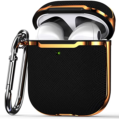 KIQ Canvas for AirPods Case Cover Textured Soft Protective Cover w/Keychain for Women Men for Apple AirPods 2nd Generation Case AirPod Case 1st Generation Air Pod Gold Trim β Black