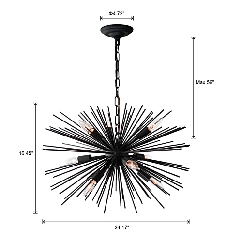 GOMUNIN Astra Sputnik Satellite Pendant Light 9-Light Black Chandelier Mid Century Starburst Chandelier for Living Room Bedroom Hallway Dining Room Kitchen Island, 23in Wide, Solid Metal 12LB