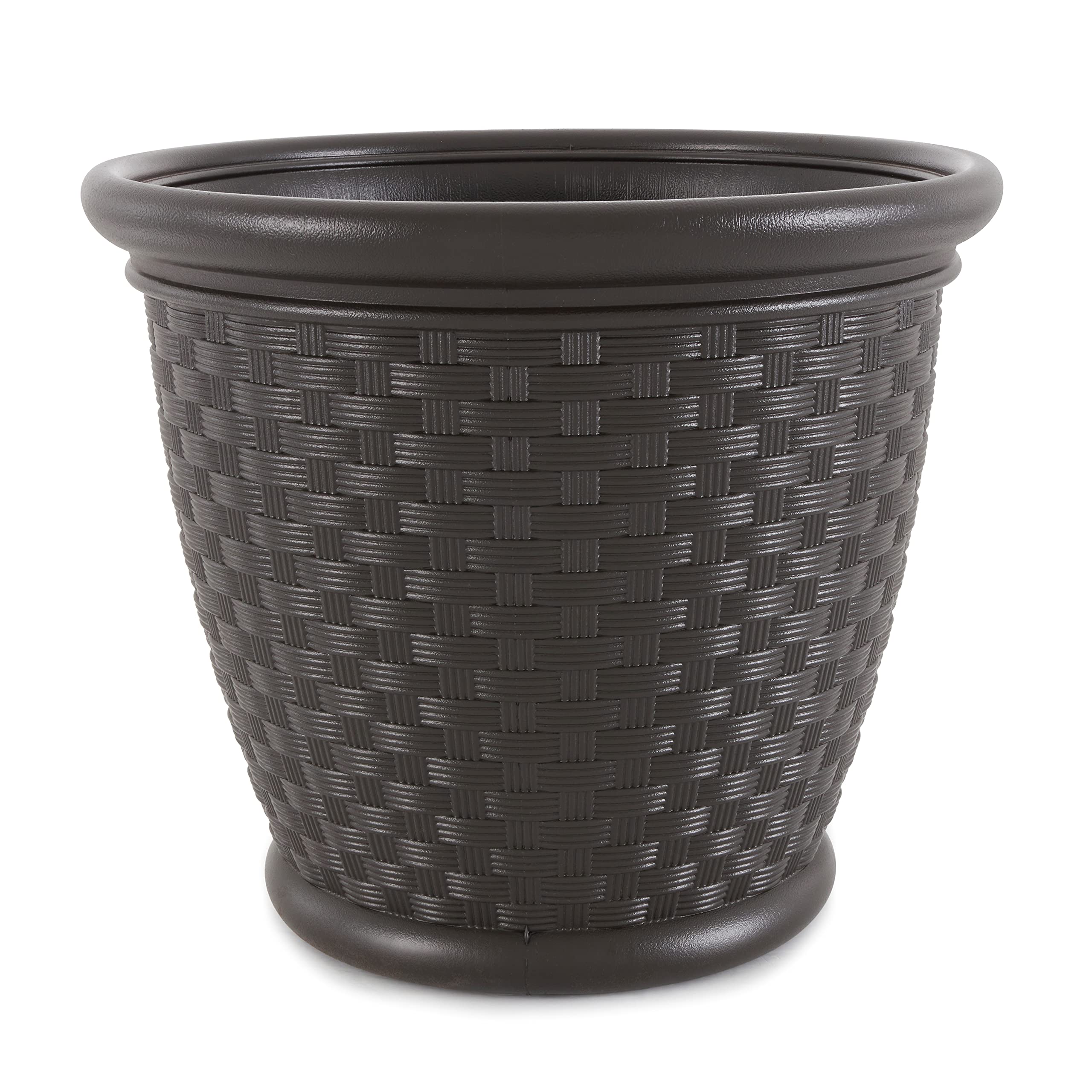 Suncast Sonora 18 Inch Lightweight Durable Plastic Wicker Decorative Flower Planter Pot for Yard, Garden, Indoor or Outdoor Use, Brown