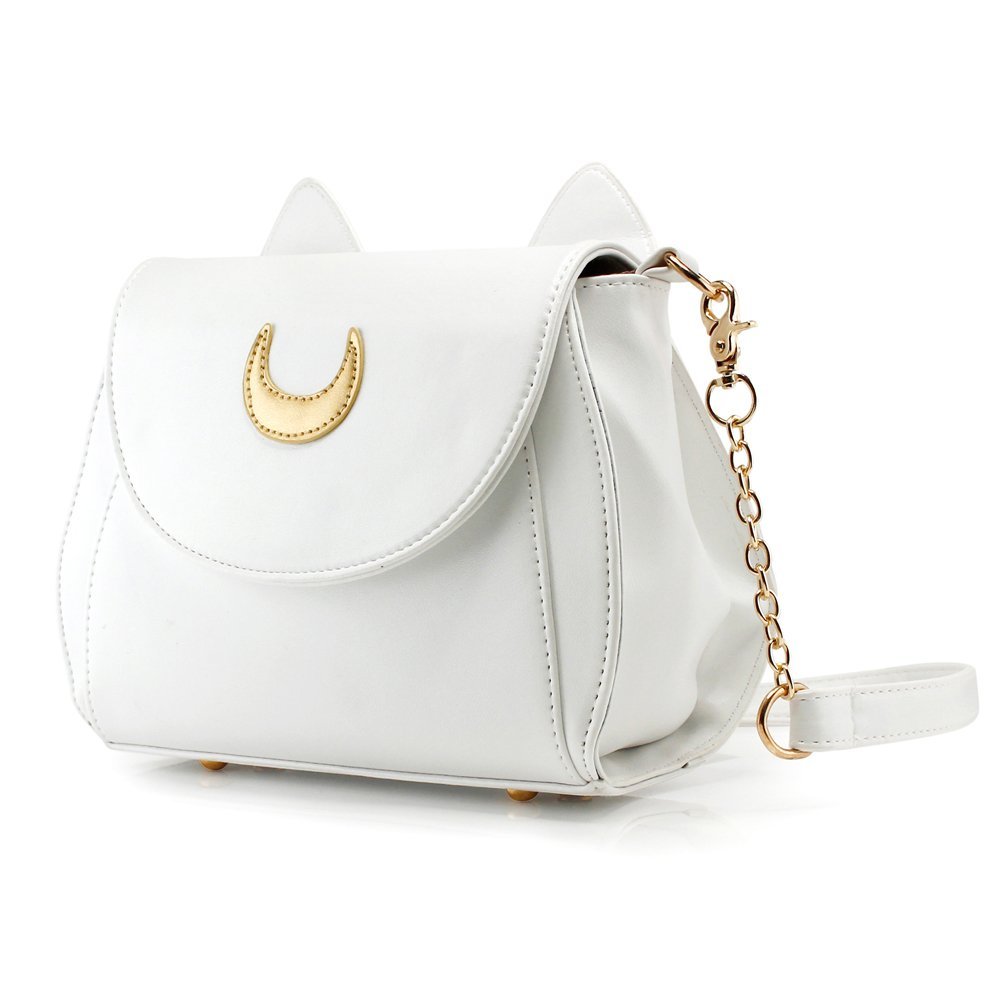 OCT17 Moon Luna Design Purse Kitty Cat satchel shoulder bag Designer Women Handbag Tote PU Leather Sailer Style (White)