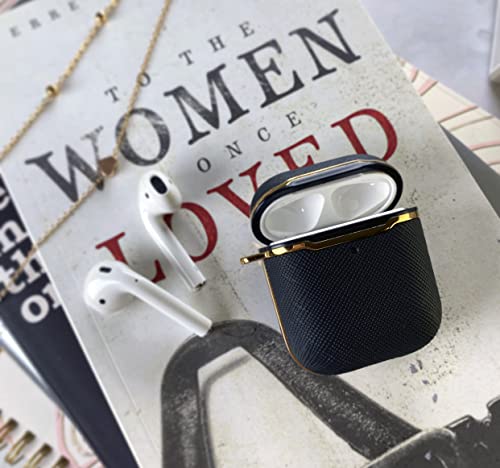 KIQ Canvas for AirPods Case Cover Textured Soft Protective Cover w/Keychain for Women Men for Apple AirPods 2nd Generation Case AirPod Case 1st Generation Air Pod Gold Trim β Black
