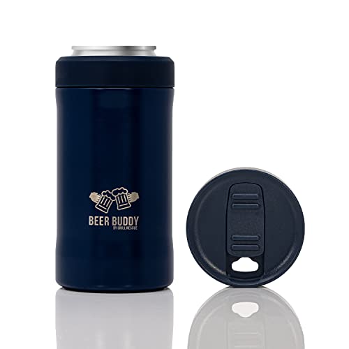 Grill Rescue Insulated Can Holder – Vacuum-Sealed Stainless Steel – Beer Bottle Insulator for Cold Beverages – Thermos Beer Cooler Suited for Any Size Drink - One Size Fits All (Matte Blue)