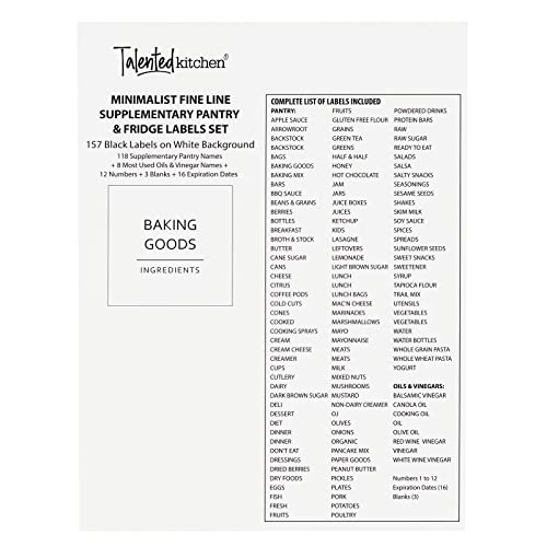 Talented Kitchen 157 Pantry Organization Labels for Food Storage Containers, Preprinted Black All Caps on Matte White Vinyl Stickers + Numbers for Minimalist Kitchen (Water Resistant)