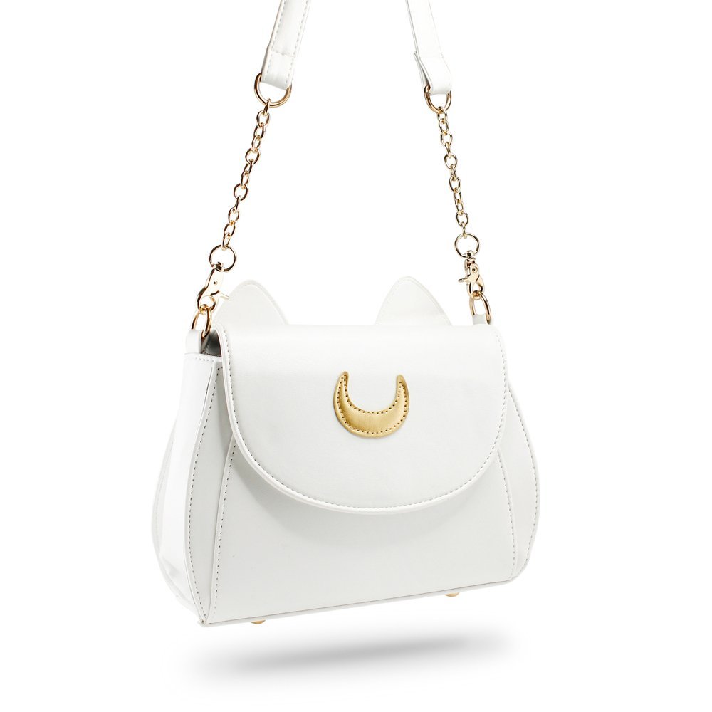 OCT17 Moon Luna Design Purse Kitty Cat satchel shoulder bag Designer Women Handbag Tote PU Leather Sailer Style (White)