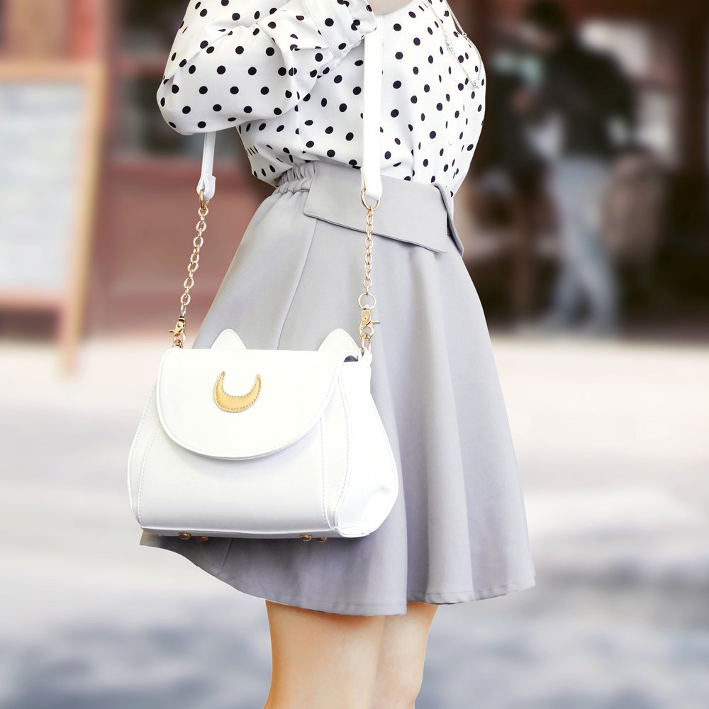 OCT17 Moon Luna Design Purse Kitty Cat satchel shoulder bag Designer Women Handbag Tote PU Leather Sailer Style (White)