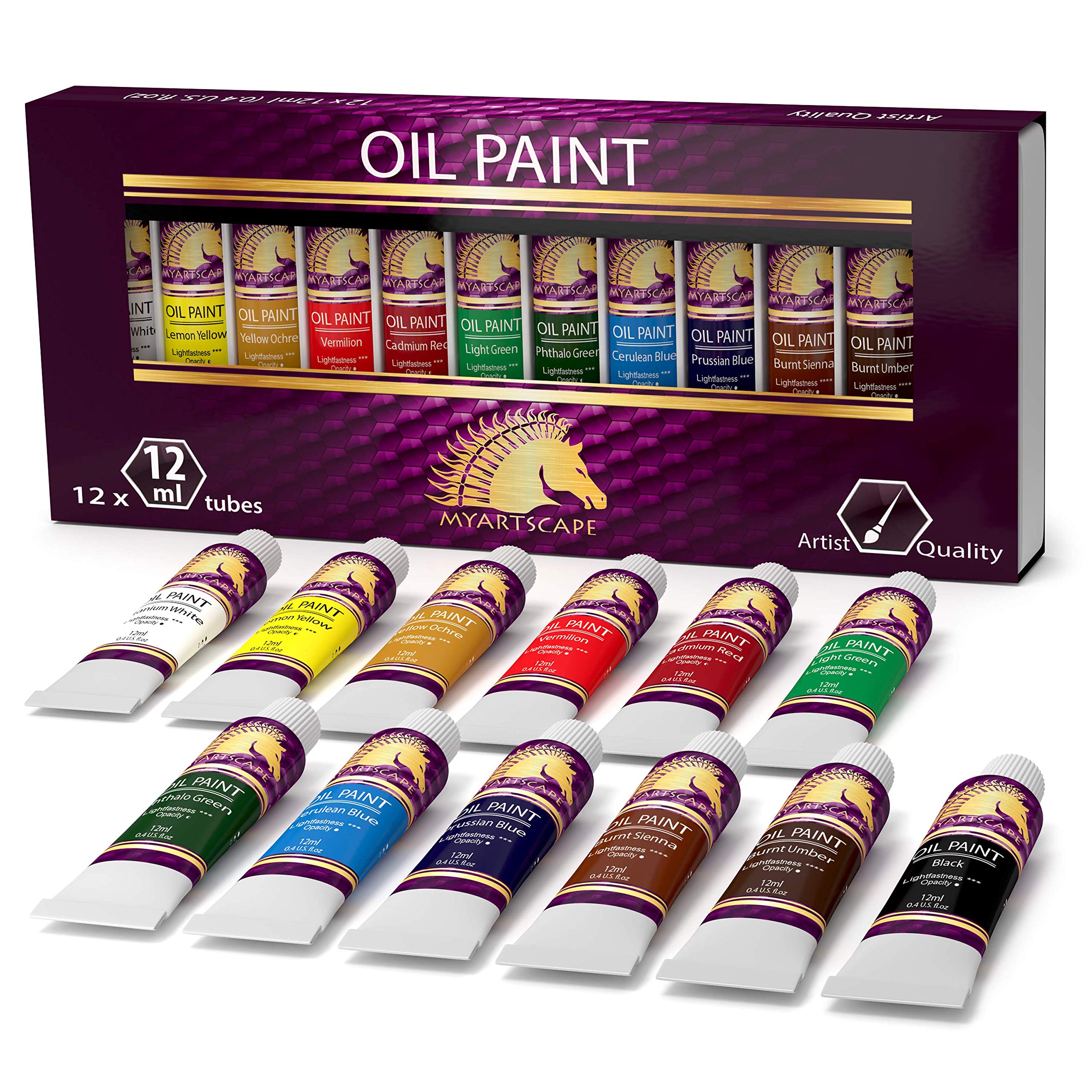 MyArtscape Oil Paint Set - 12 x 12ml Tubes - Lightfast - Heavy Body - Oil-based Vibrant Colors - High Pigment Load - Non-fading - Artist Quality Painting Supplies - Professional Craft Paints