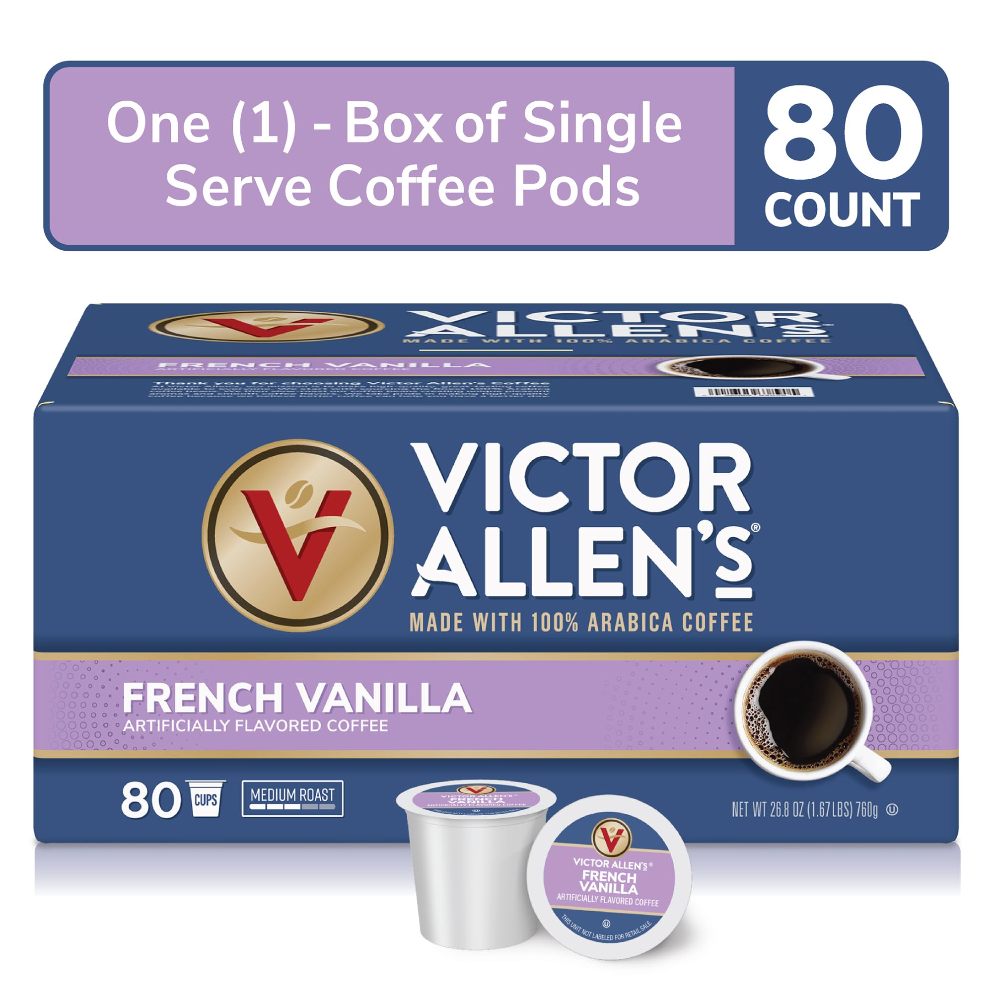 Victor Allen's Coffee French Vanilla Flavored, Medium Roast, 80 Count, Single Serve Coffee Pods for Keurig K-Cup Brewers