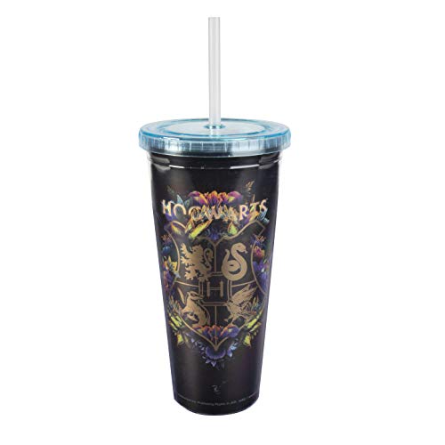 Harry Potter Hogwarts Travel Cup with Straw, 22 oz - Acrylic Tumbler with Gold Hogwarts Crest Design - Gift for Kids and Adults