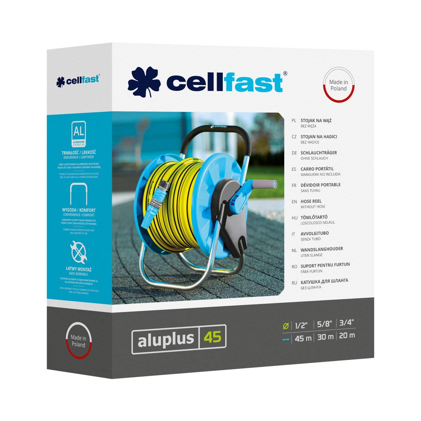 Cellfast Garden Hose Reel ALUPLUS 1/2" 45m, Aluminium Construction, Light, Convenient Transport and Storage of The Hose, Prevents Twisting, 55-150