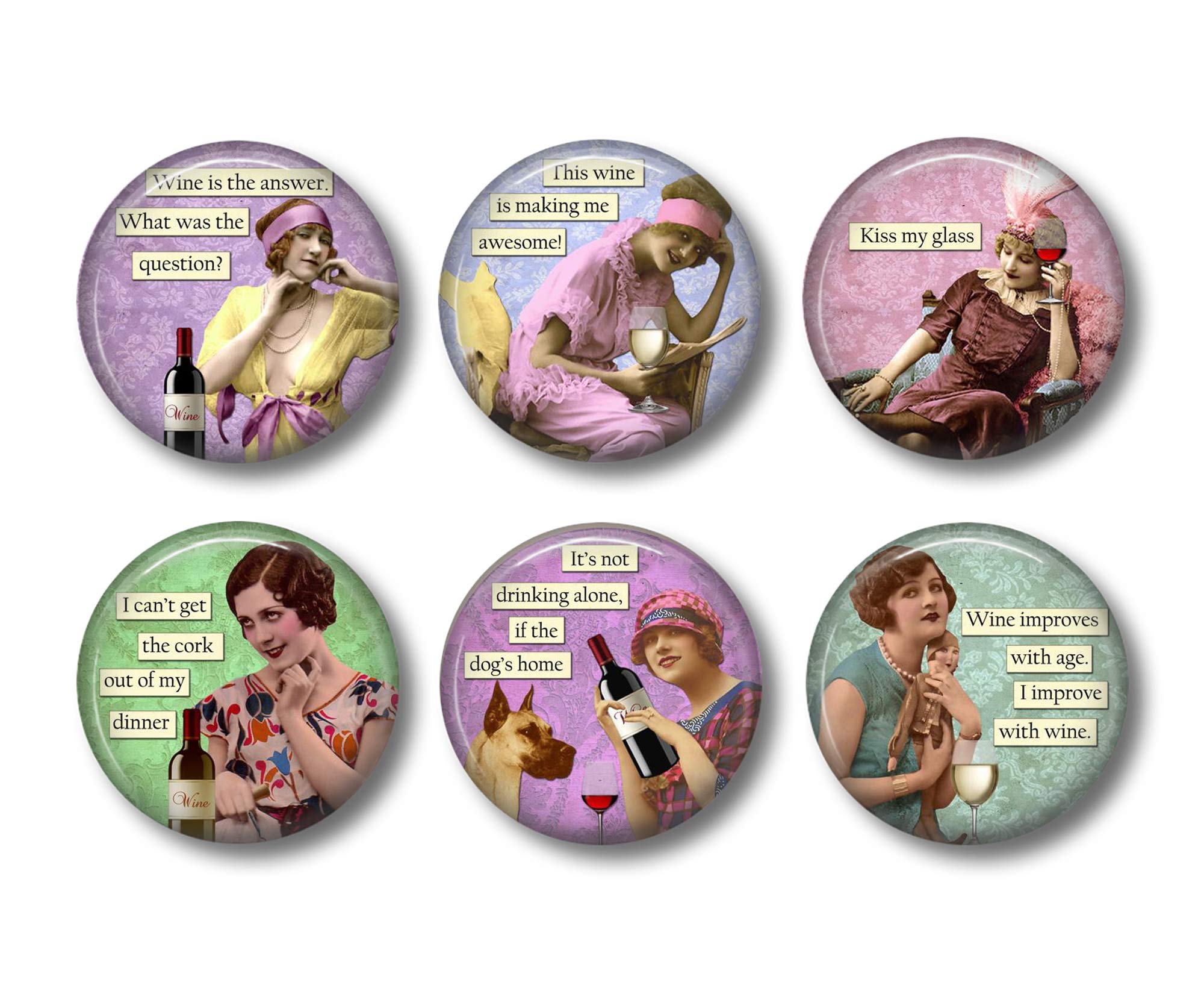 Wine Humor - Fridge Magnets - Funny Magnets - 6 Magnets - 1.5 Inch Magnets - Wine Magnets - Gift for Wine Lover - Retro Kitchen - Sarcastic Quotes