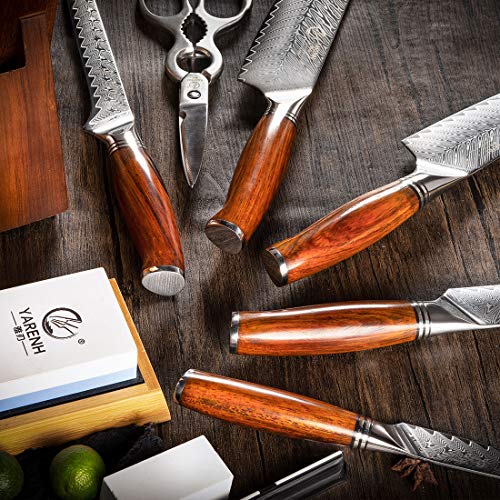 YARENH Kitchen Knife Set with Block, 8 Piece, Sharp Professional Chef Knife Set, 73 Layers Japanese Damascus High Carbon Stainless Steel, Full Tang Sandalwood Handle, Gift Box