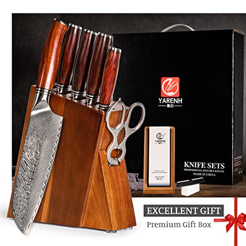 YARENH Kitchen Knife Set with Block, 8 Piece, Sharp Professional Chef Knife Set, 73 Layers Japanese Damascus High Carbon Stainless Steel, Full Tang Sandalwood Handle, Gift Box