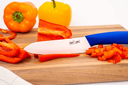 Serrated Royal Blue Ceramic Knife Set with 5" Serrated Knife, Kitchen Knife Set - Includes 3β, 4β, 5β, 6β Ceramic Knives, Matching Sheaths and a Matching Vegetable Peeler in a Gift Box