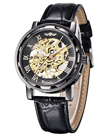 Gute Luxury Steampunk Bling Automatic Mechanical Wristwatch Golden Bezel Minimalist Stainless Steel (Black-Gold)