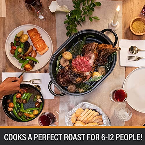 Granite Stone Oval Roaster Pan, Medium 18.8β Ultra Nonstick Roasting Pan with Lid, Grooved Bottom for Basting, Broiler Pan for Oven, Dishwasher Safe, Up to 15lb Turkey / Roast, Serves 6 β 12 Guests
