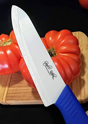 Serrated Royal Blue Ceramic Knife Set with 5" Serrated Knife, Kitchen Knife Set - Includes 3β, 4β, 5β, 6β Ceramic Knives, Matching Sheaths and a Matching Vegetable Peeler in a Gift Box