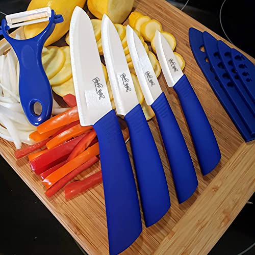 Serrated Royal Blue Ceramic Knife Set with 5" Serrated Knife, Kitchen Knife Set - Includes 3β, 4β, 5β, 6β Ceramic Knives, Matching Sheaths and a Matching Vegetable Peeler in a Gift Box