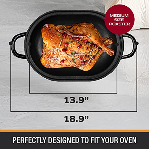 Granite Stone Oval Roaster Pan, Medium 18.8β Ultra Nonstick Roasting Pan with Lid, Grooved Bottom for Basting, Broiler Pan for Oven, Dishwasher Safe, Up to 15lb Turkey / Roast, Serves 6 β 12 Guests
