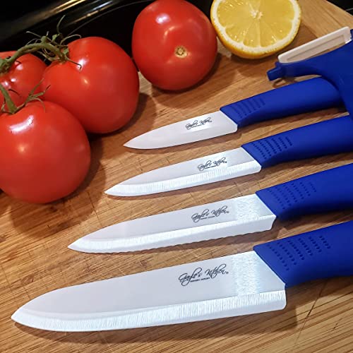 Serrated Royal Blue Ceramic Knife Set with 5" Serrated Knife, Kitchen Knife Set - Includes 3β, 4β, 5β, 6β Ceramic Knives, Matching Sheaths and a Matching Vegetable Peeler in a Gift Box