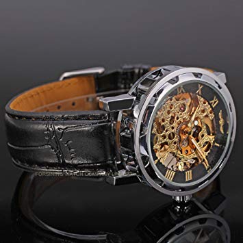 Gute Luxury Steampunk Bling Automatic Mechanical Wristwatch Golden Bezel Minimalist Stainless Steel (Black-Gold)