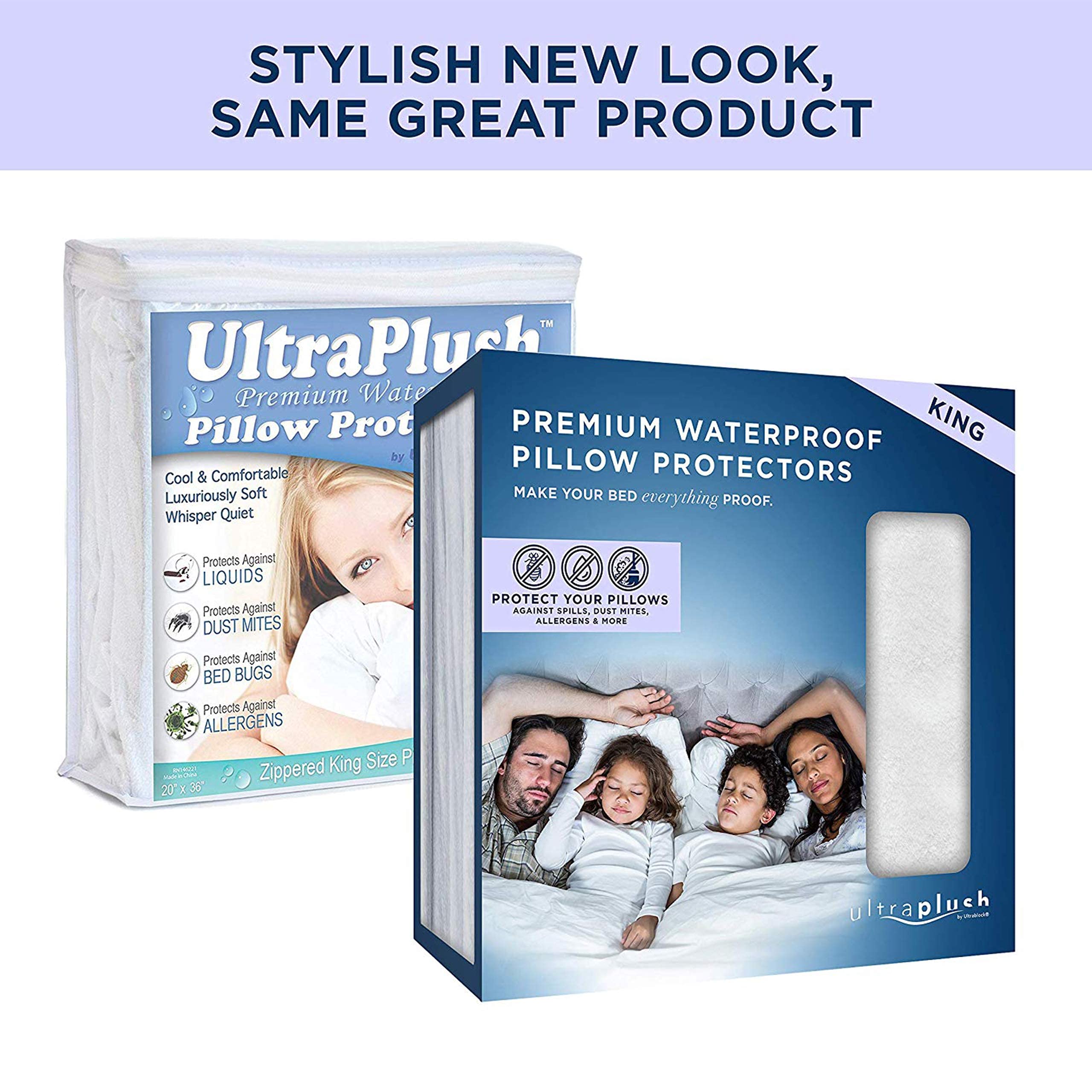 UltraBlock Ultra Plush Premium Waterproof Pillow Protector Set of 2 - Zippered Pillow Case Cover - Super Soft and Quiet Feather Proof Encasement (King Size 20 inches x 36 inches)