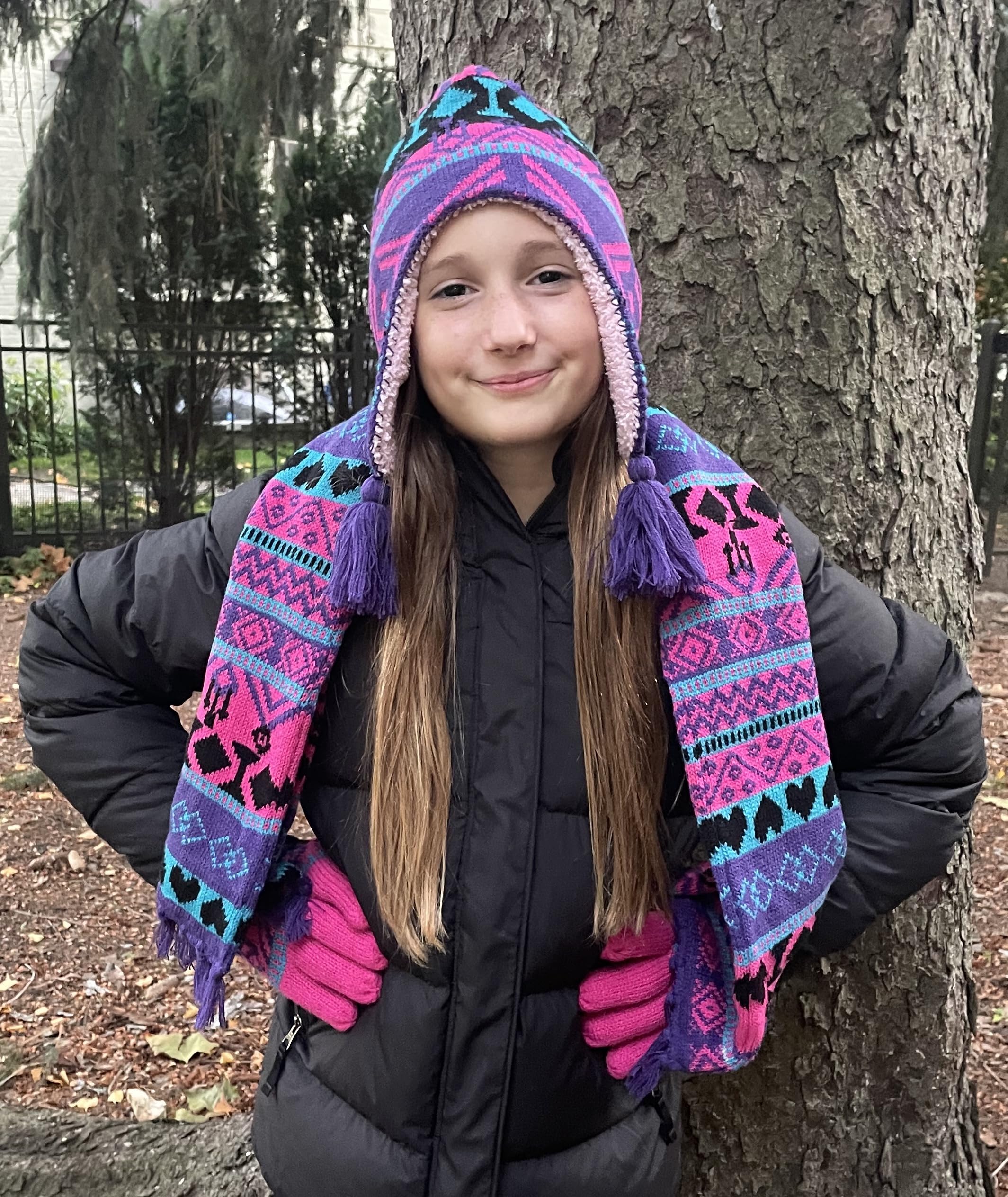 N'Ice Caps Kids Hat Glove Scarf Girls Winter Knit Accessory Set Warm Sherpa Lined 3 Piece (8-12 Years, purple/turq/fuchsia/black)