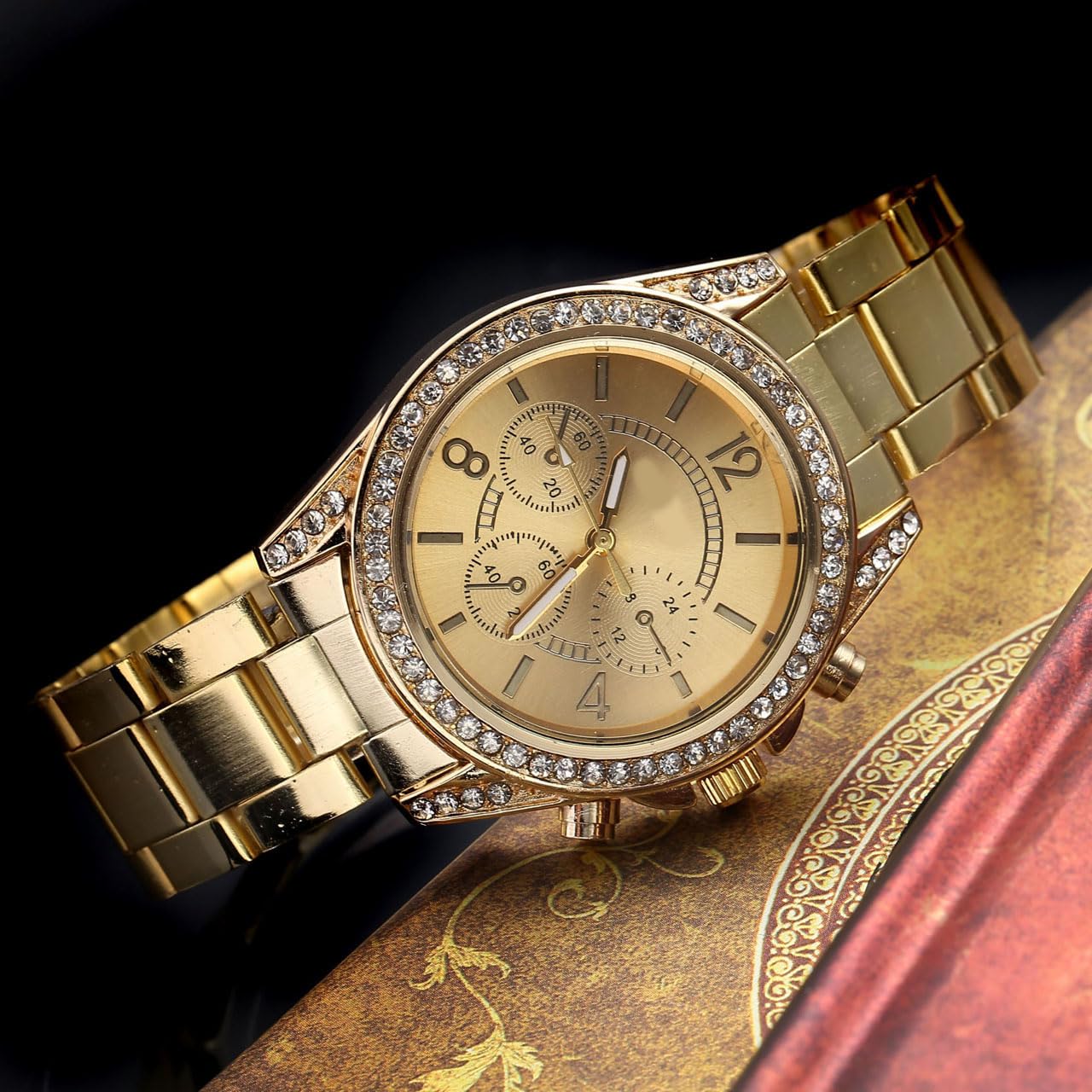 Top Plaza Unisex Gold Fashion Womens Mens Crystal Accented Analog Quartz Bracelet Watch (Golden)