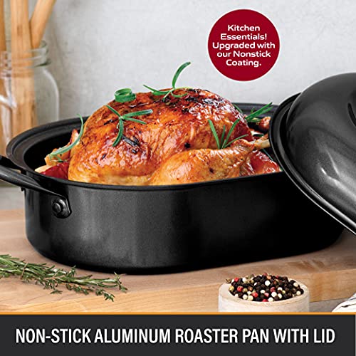 Granite Stone Oval Roaster Pan, Medium 18.8β Ultra Nonstick Roasting Pan with Lid, Grooved Bottom for Basting, Broiler Pan for Oven, Dishwasher Safe, Up to 15lb Turkey / Roast, Serves 6 β 12 Guests