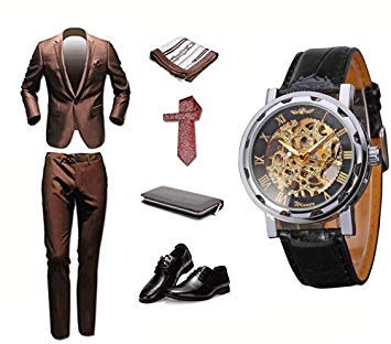 Gute Luxury Steampunk Bling Automatic Mechanical Wristwatch Golden Bezel Minimalist Stainless Steel (Black-Gold)