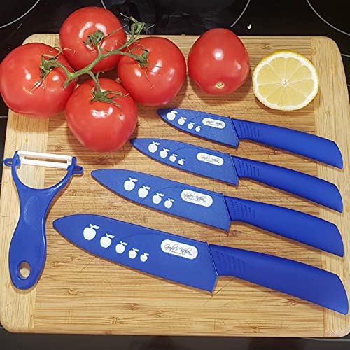 Serrated Royal Blue Ceramic Knife Set with 5" Serrated Knife, Kitchen Knife Set - Includes 3β, 4β, 5β, 6β Ceramic Knives, Matching Sheaths and a Matching Vegetable Peeler in a Gift Box