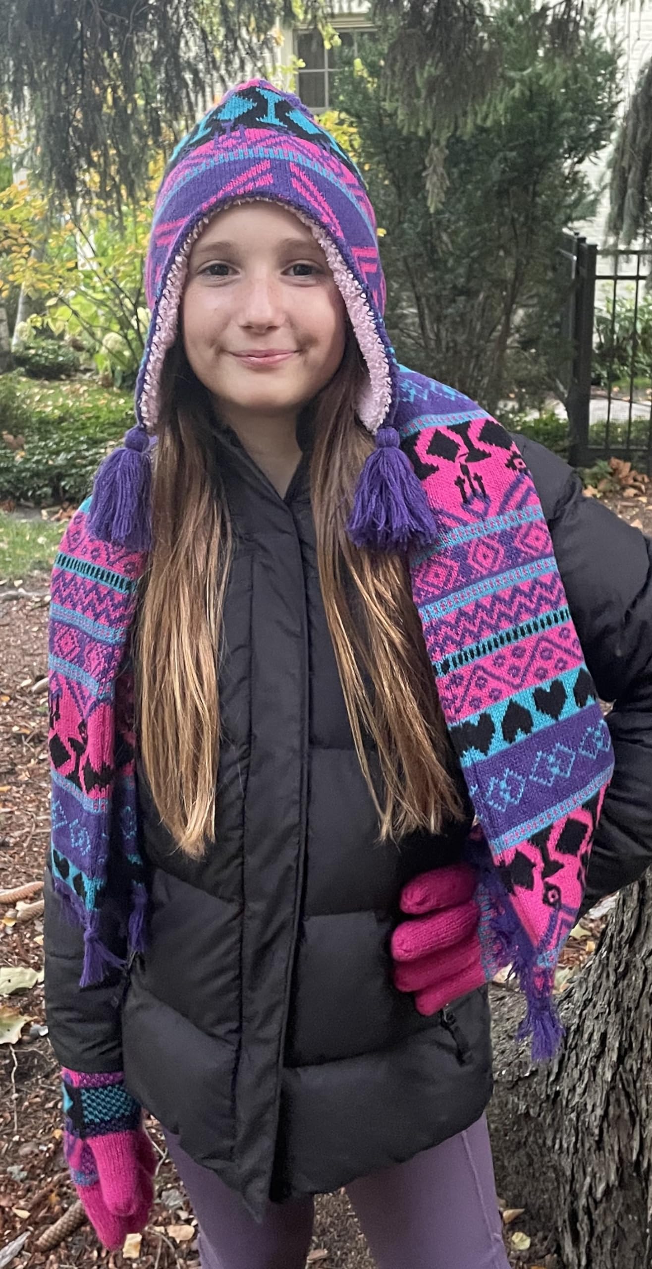 N'Ice Caps Kids Hat Glove Scarf Girls Winter Knit Accessory Set Warm Sherpa Lined 3 Piece (8-12 Years, purple/turq/fuchsia/black)