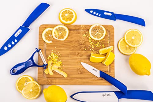 Serrated Royal Blue Ceramic Knife Set with 5" Serrated Knife, Kitchen Knife Set - Includes 3β, 4β, 5β, 6β Ceramic Knives, Matching Sheaths and a Matching Vegetable Peeler in a Gift Box