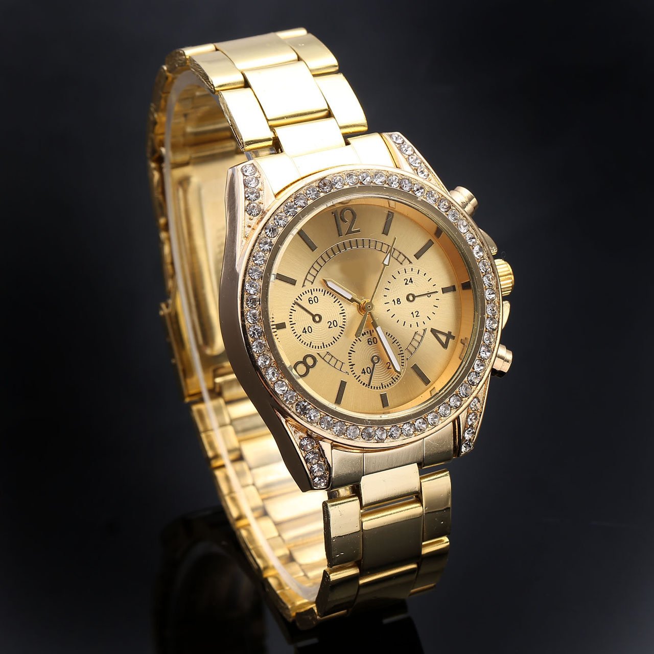 Top Plaza Unisex Gold Fashion Womens Mens Crystal Accented Analog Quartz Bracelet Watch (Golden)