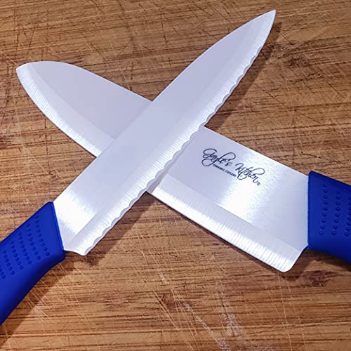 Serrated Royal Blue Ceramic Knife Set with 5" Serrated Knife, Kitchen Knife Set - Includes 3β, 4β, 5β, 6β Ceramic Knives, Matching Sheaths and a Matching Vegetable Peeler in a Gift Box