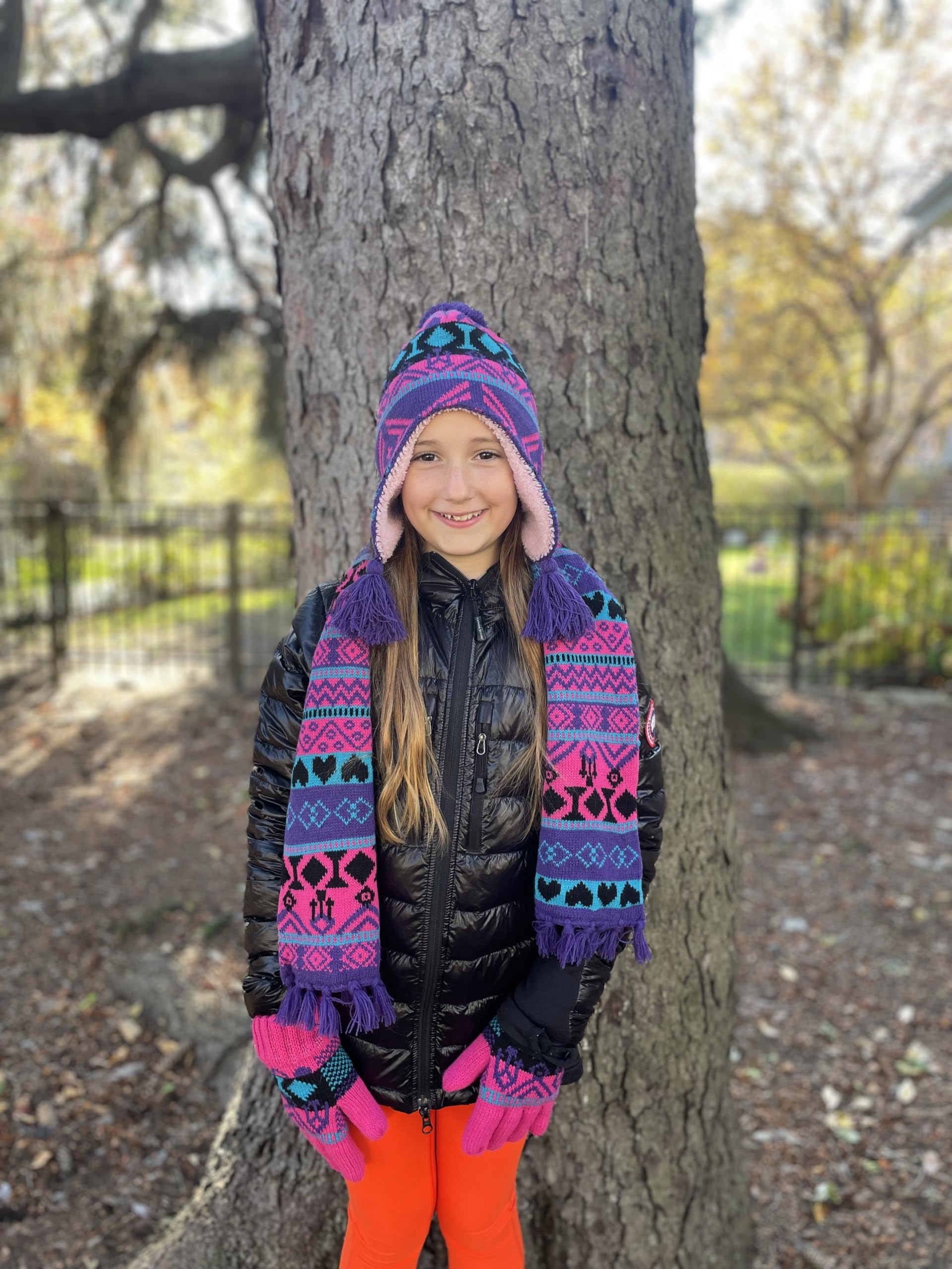 N'Ice Caps Kids Hat Glove Scarf Girls Winter Knit Accessory Set Warm Sherpa Lined 3 Piece (8-12 Years, purple/turq/fuchsia/black)