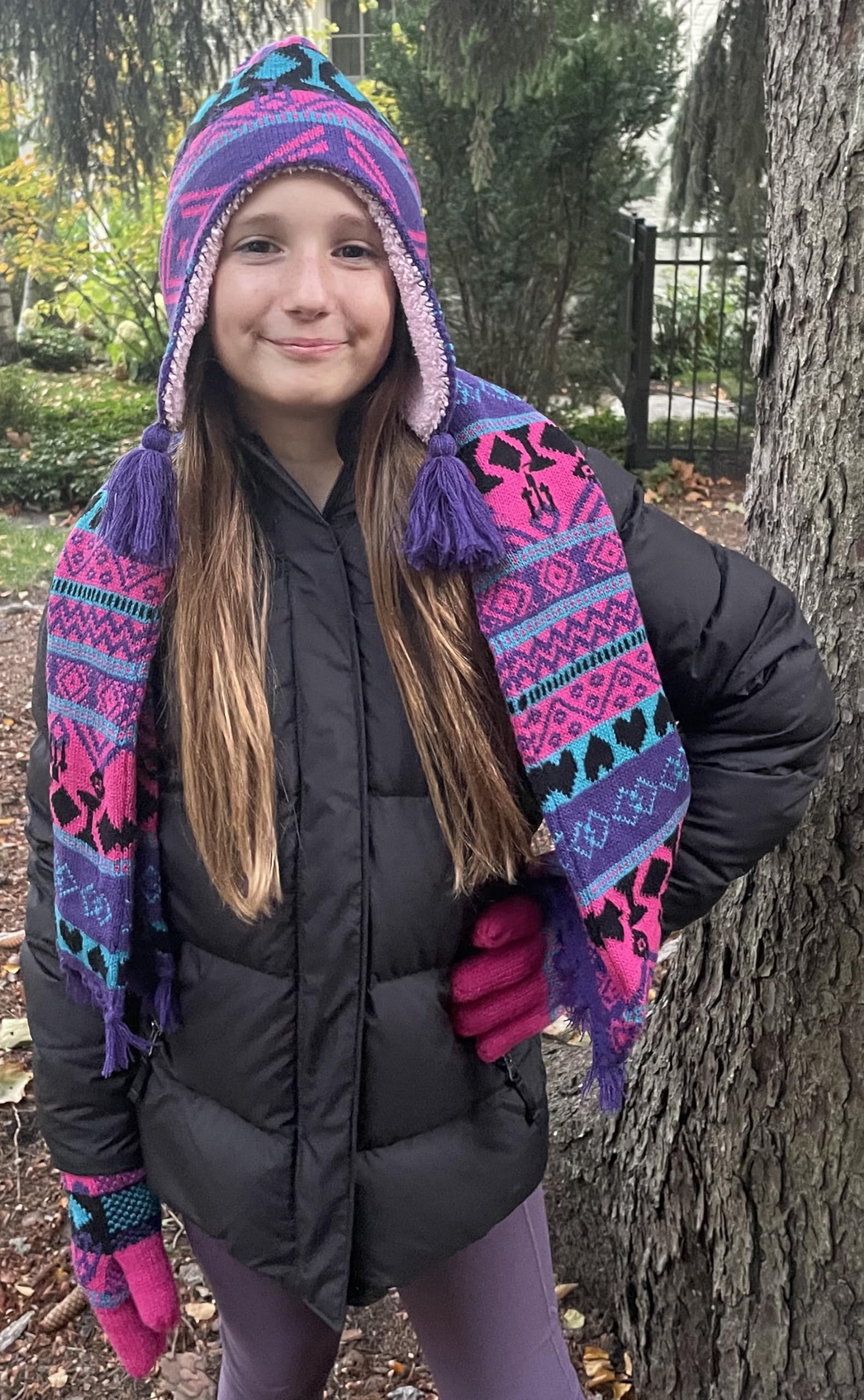 N'Ice Caps Kids Hat Glove Scarf Girls Winter Knit Accessory Set Warm Sherpa Lined 3 Piece (8-12 Years, purple/turq/fuchsia/black)