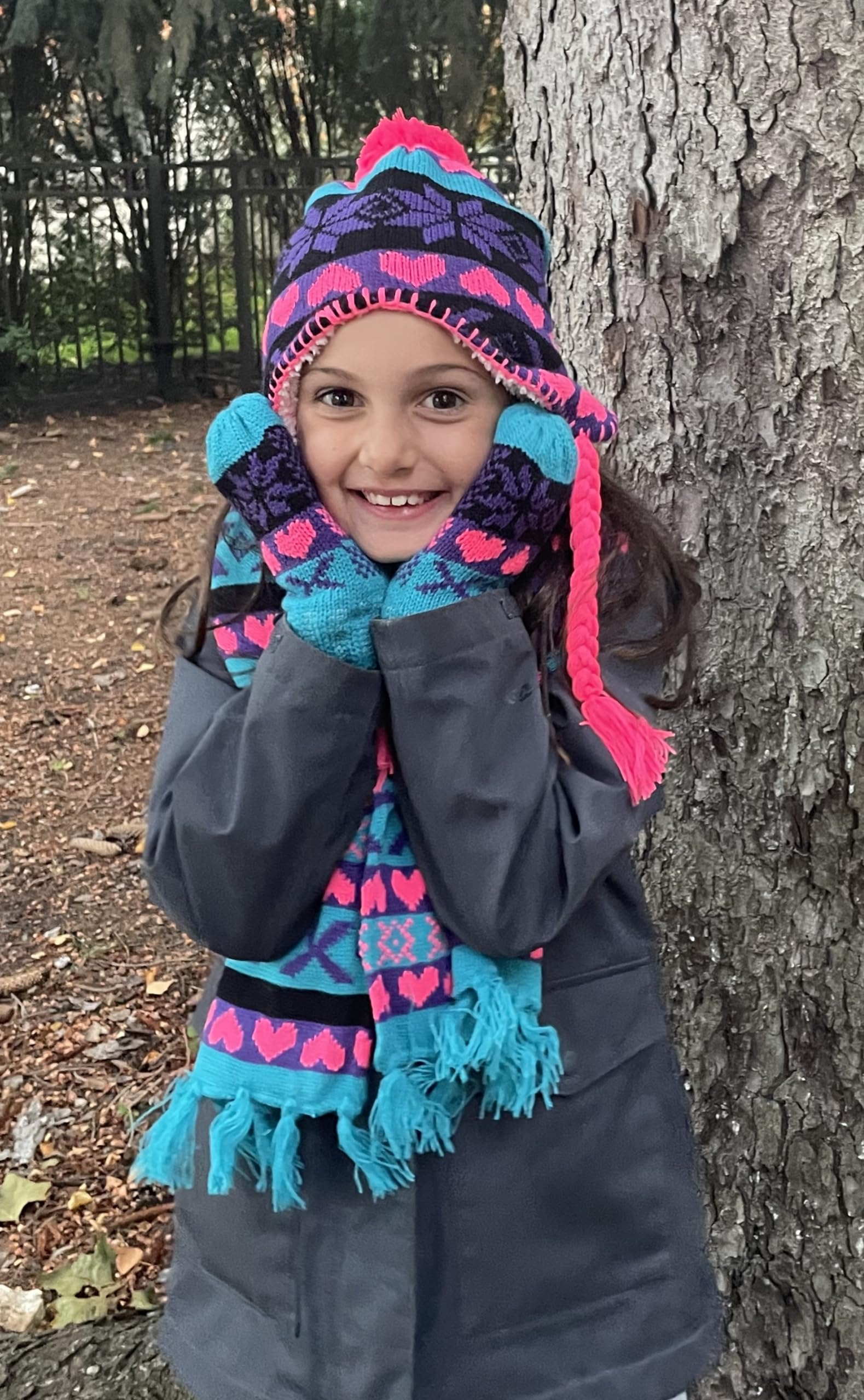 N'Ice Caps Kids Hat Glove Scarf Girls Winter Knit Accessory Set Warm Sherpa Lined 3 Piece (8-12 Years, purple/turq/fuchsia/black)