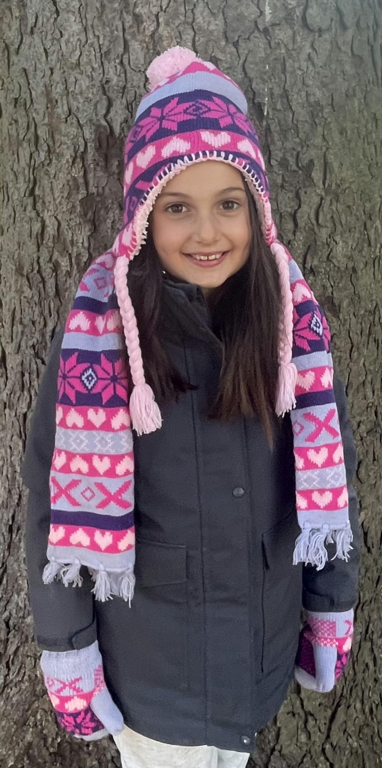 N'Ice Caps Kids Hat Glove Scarf Girls Winter Knit Accessory Set Warm Sherpa Lined 3 Piece (8-12 Years, purple/turq/fuchsia/black)