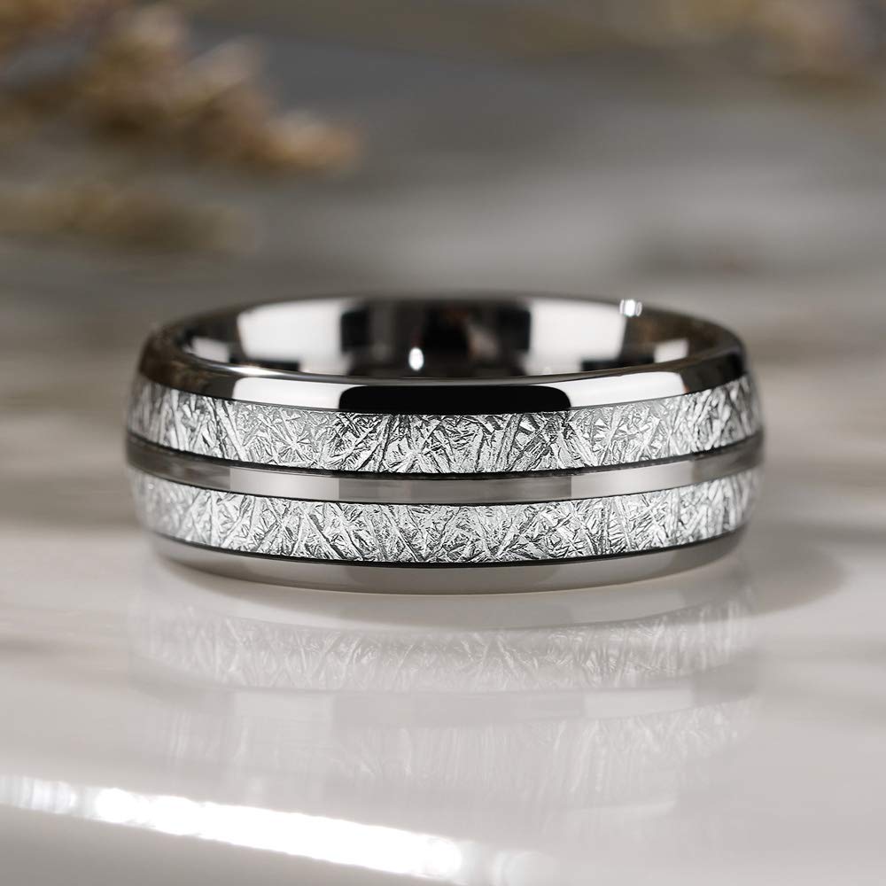 THREE KEYS JEWELRY Tungsten Carbide Mens 8mm Hunting Viking Meteorite Wedding Band Ring with Polish for Men Inlay Engrave Engagement Silver Size 12