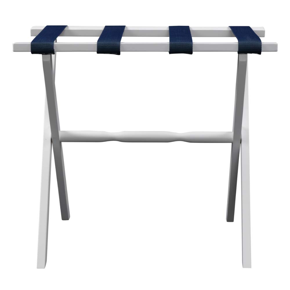 Gate House Furniture White Wood Folding Luggage Rack with Straight Legs and 4 Navy Straps