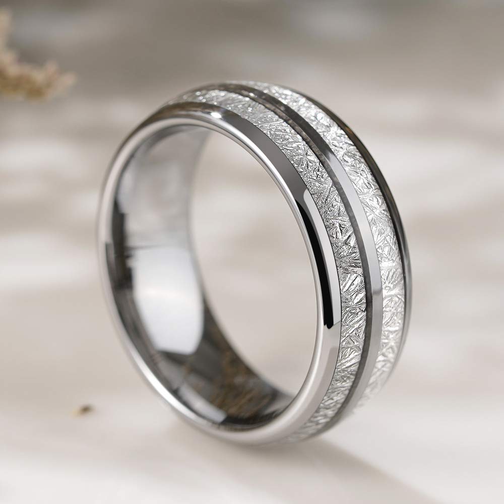THREE KEYS JEWELRY Tungsten Carbide Mens 8mm Hunting Viking Meteorite Wedding Band Ring with Polish for Men Inlay Engrave Engagement Silver Size 12
