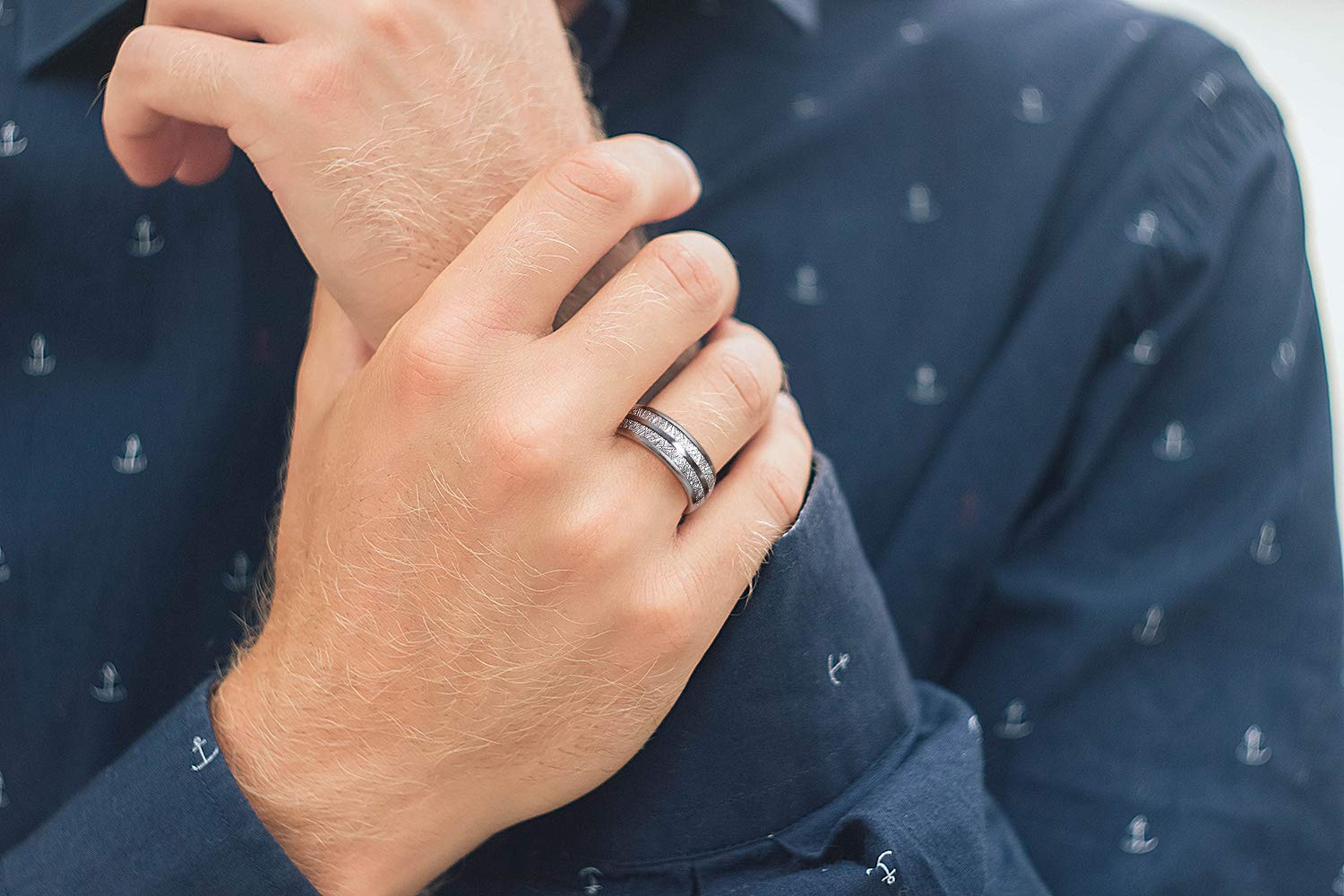 THREE KEYS JEWELRY Tungsten Carbide Mens 8mm Hunting Viking Meteorite Wedding Band Ring with Polish for Men Inlay Engrave Engagement Silver Size 12