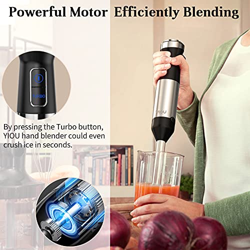 YIOU Immersion Blender, Ultra-Stick Hand Blender Variable Speed Hand Blender 500 Watt Heavy Duty Copper Motor Brushed 304 Stainless Steel for Soups Sauces and Smoothie, Set Black