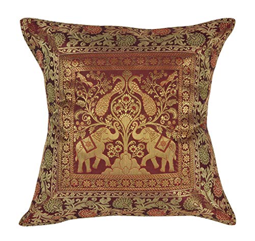 DecorHack by Arusaya Indian Vintage Style Brocade Silk Square Elephant & Peacock Design Throw Pillowcase 17X17 Inch