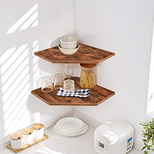 BCOZLUX Corner Shelf Wall Mount, Set of 2 Floating Corner Shelves, Wood Corner Hanging Shelf with Cable Hole for TV, Speaker WiFi Router, for Bathroom Bedroom Kitchen, Rustic Brown and Black