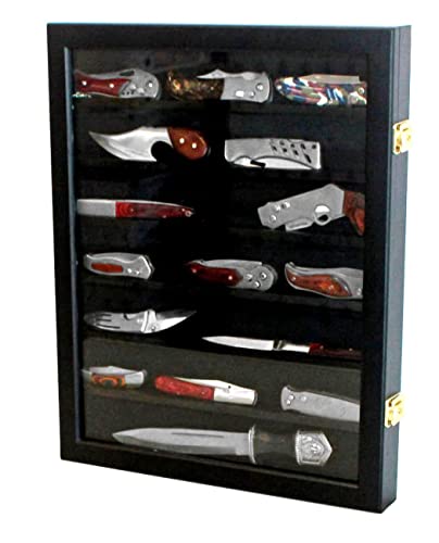 DisplayGifts Knife Display Case Pocket Knife Display Stand Military Folding Knife Shadow Box Wall Cabinet with UV Protection Glass Door Lockable, Great Way to Store and Display, Black Frame