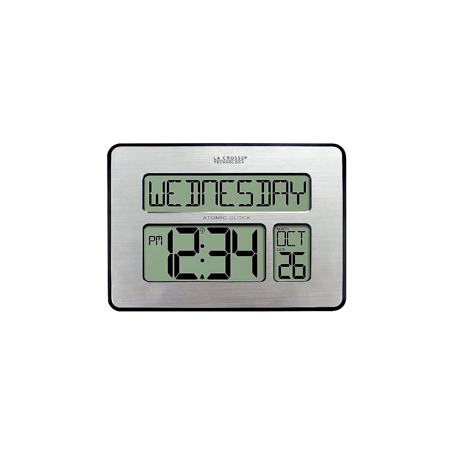 La Crosse Technology 513-1419-INT Atomic Full Calendar Clock with Extra Large Digits - Silver, 9.84"L x 1.14"W x 7.48"H