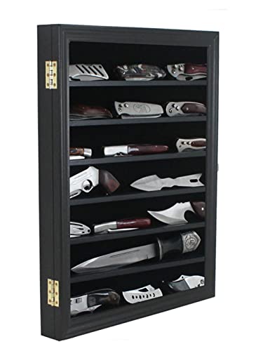 DisplayGifts Knife Display Case Pocket Knife Display Stand Military Folding Knife Shadow Box Wall Cabinet with UV Protection Glass Door Lockable, Great Way to Store and Display, Black Frame