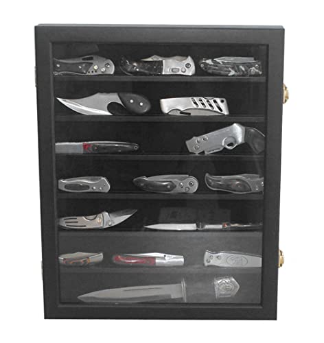 DisplayGifts Knife Display Case Pocket Knife Display Stand Military Folding Knife Shadow Box Wall Cabinet with UV Protection Glass Door Lockable, Great Way to Store and Display, Black Frame